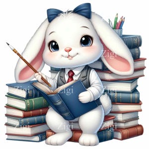 Cute Reading Bunny Clipart, 12 Adorable Rabbit With Books and Glasses ...