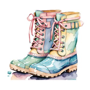 Watercolor Rain Boots Clipart 15 Colorful Garden Boots With Puddle PNG ...
