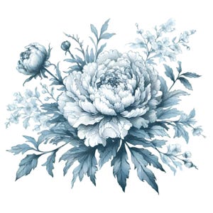Vintage Blue Peony Clipart PNG, 18 Elegant Floral Illustration ...