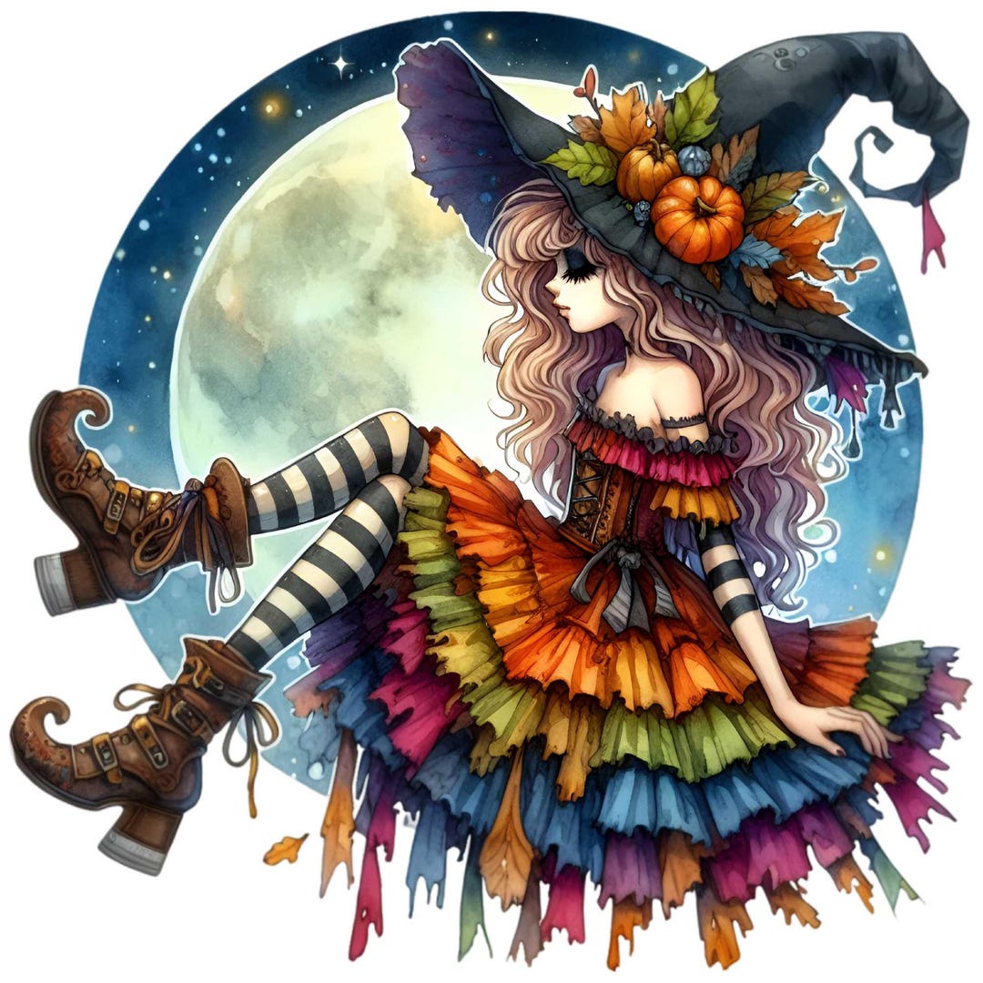 Autumn Witch Clipart - 15 Vibrant Rainbow Dress, Moonlit Background ...