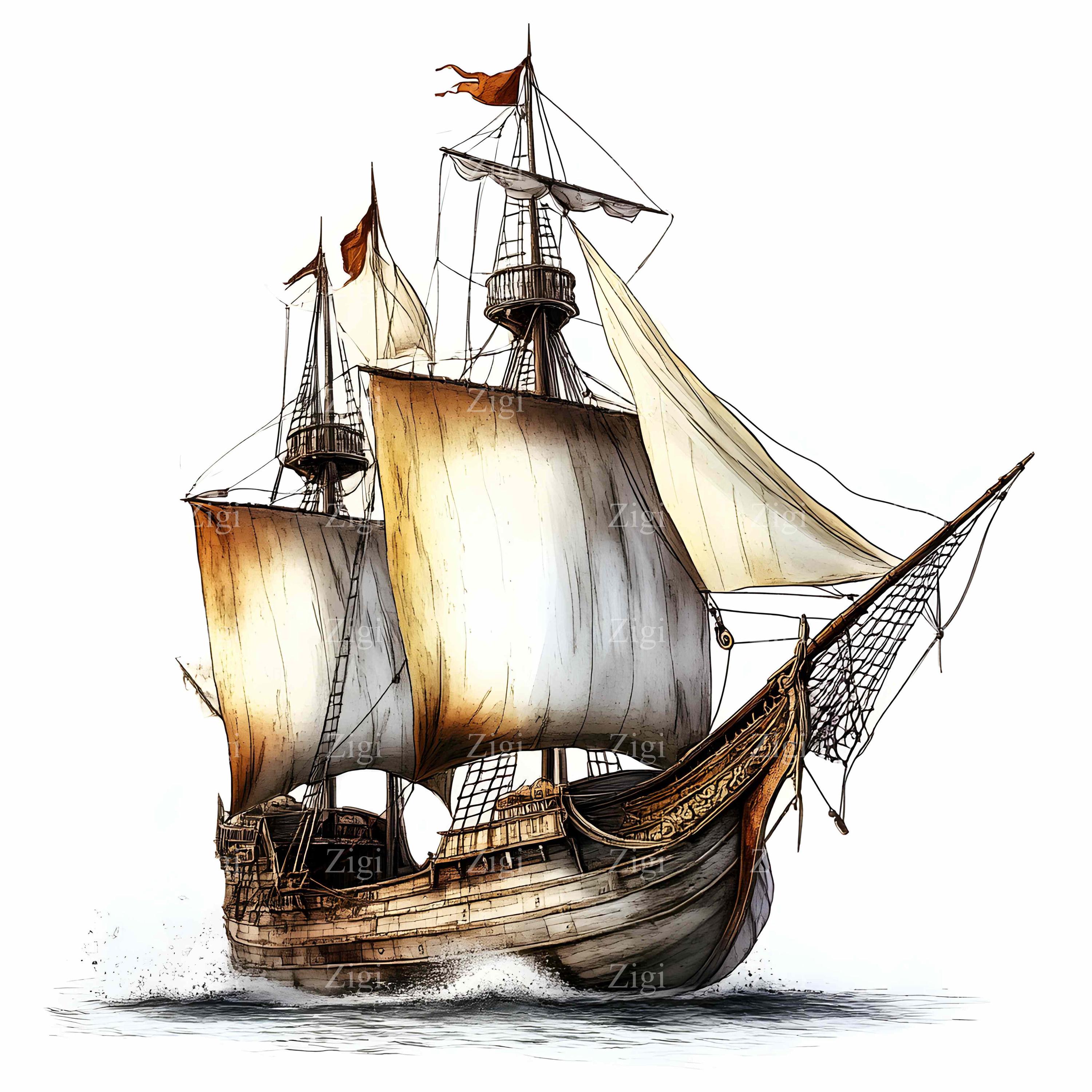 28 JPEG Sailing Ship Illustration – Vintage Boat JPG Clipart – Nautical ...