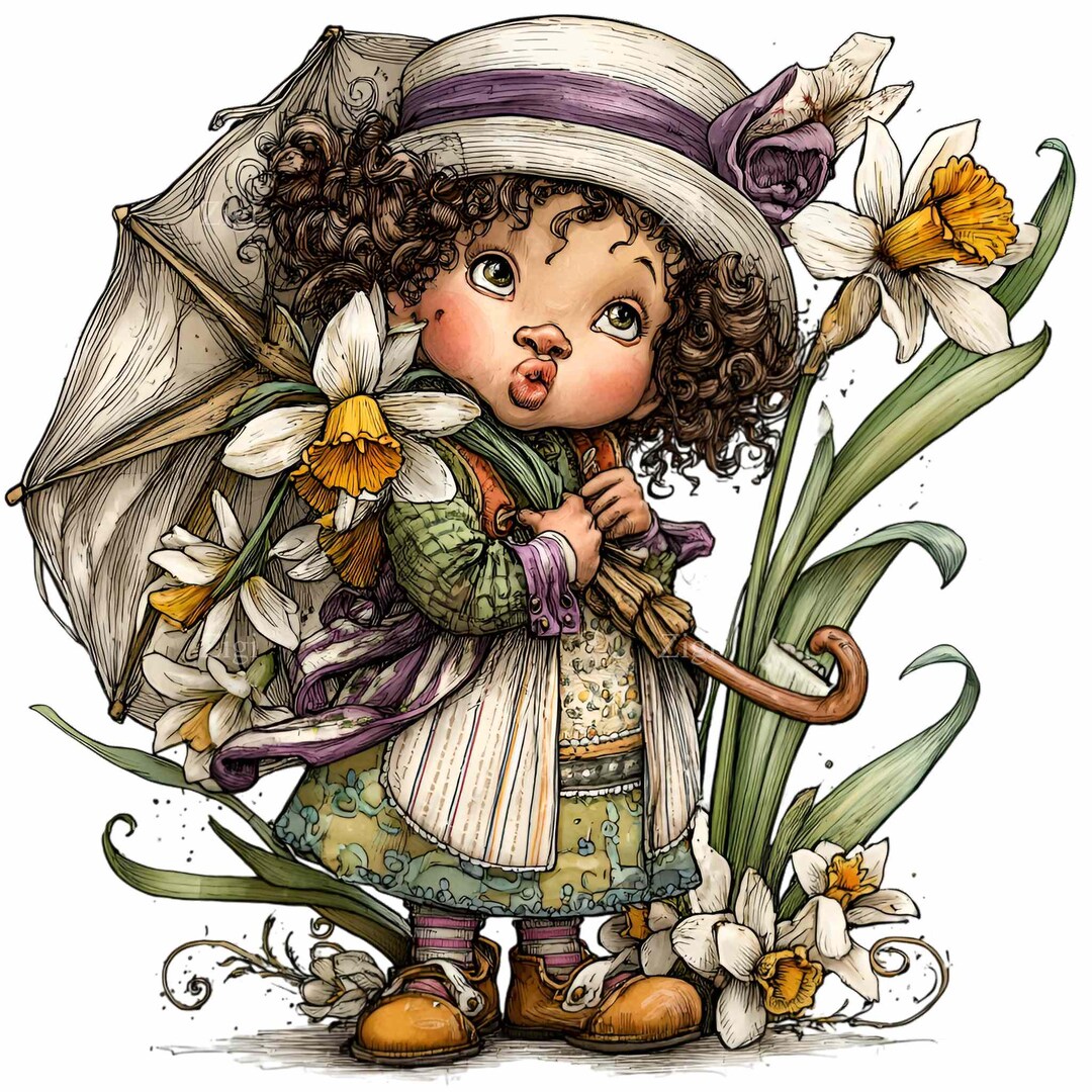 14 PNG Spring Flower Girl Clipart - Vintage Illustration With Umbrella ...
