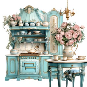 15 Vintage Kitchen PNG Clipart, Retro Aqua Stove With Floral Decor ...