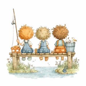 16 PNG Fishing Kids Clipart – Three Children on Pier PNG – Rustic ...