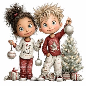 15 PNG Holiday Kids Clipart – Cute Children Decorating Tree – Christmas ...