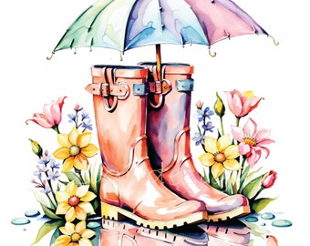 Rain Boots With Tulips Clipart, Rubber Boots Images, 10 Watercolor Clip ...