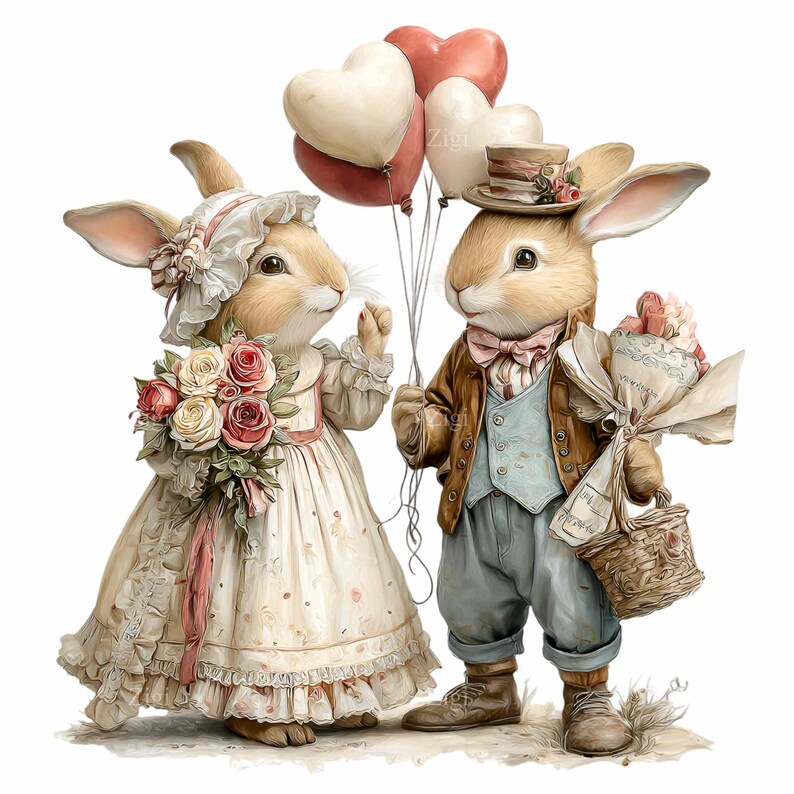 20 PNG Valentine Bunny Couple Clipart – Romantic Rabbit Illustration ...