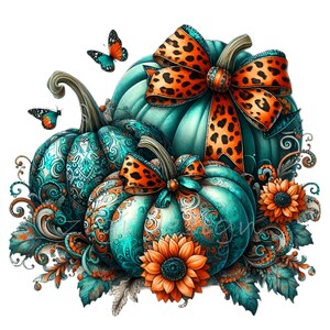Elegant Fall Pumpkin Clipart PNG - 14 Intricate Turquoise and Orange ...