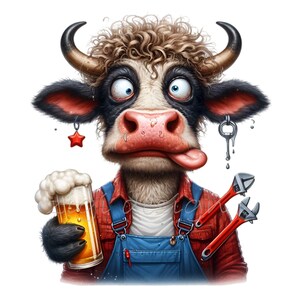 Comics Cow Mechanic Drinking Beer 15 PNG Father Gift Funny Cartoon ...