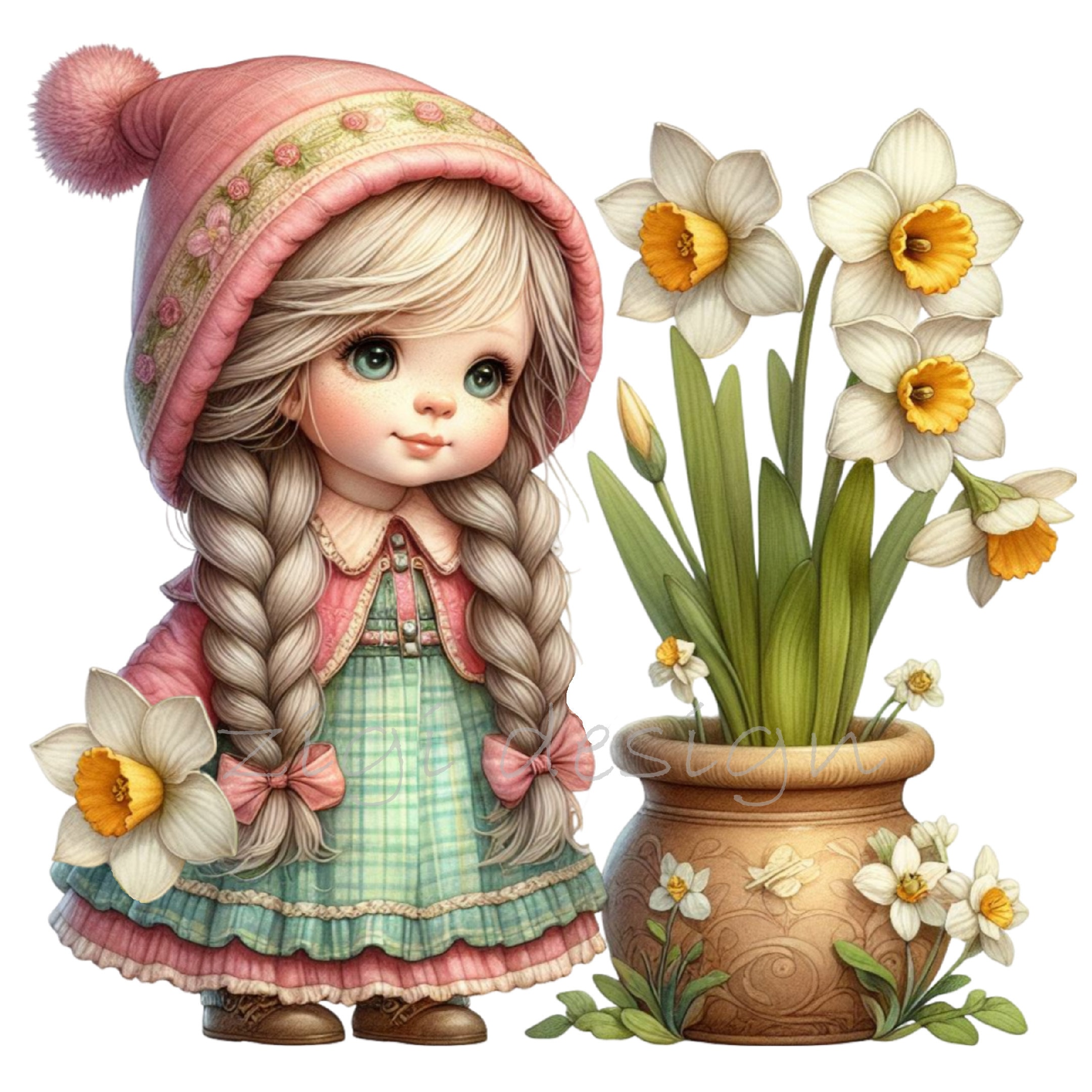 10 PNG Daffodil Gnome, Spring Flower Girl Clipart, Garden Elf Checkered ...