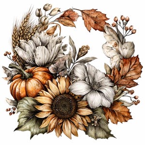 14 PNG Autumn Wreath Clipart - Fall Floral PNG With Sunflowers and ...
