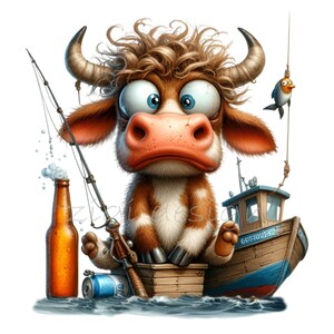 Fishing Cow Digital Clipart 15 PNG - Funny Cow Illustration With ...