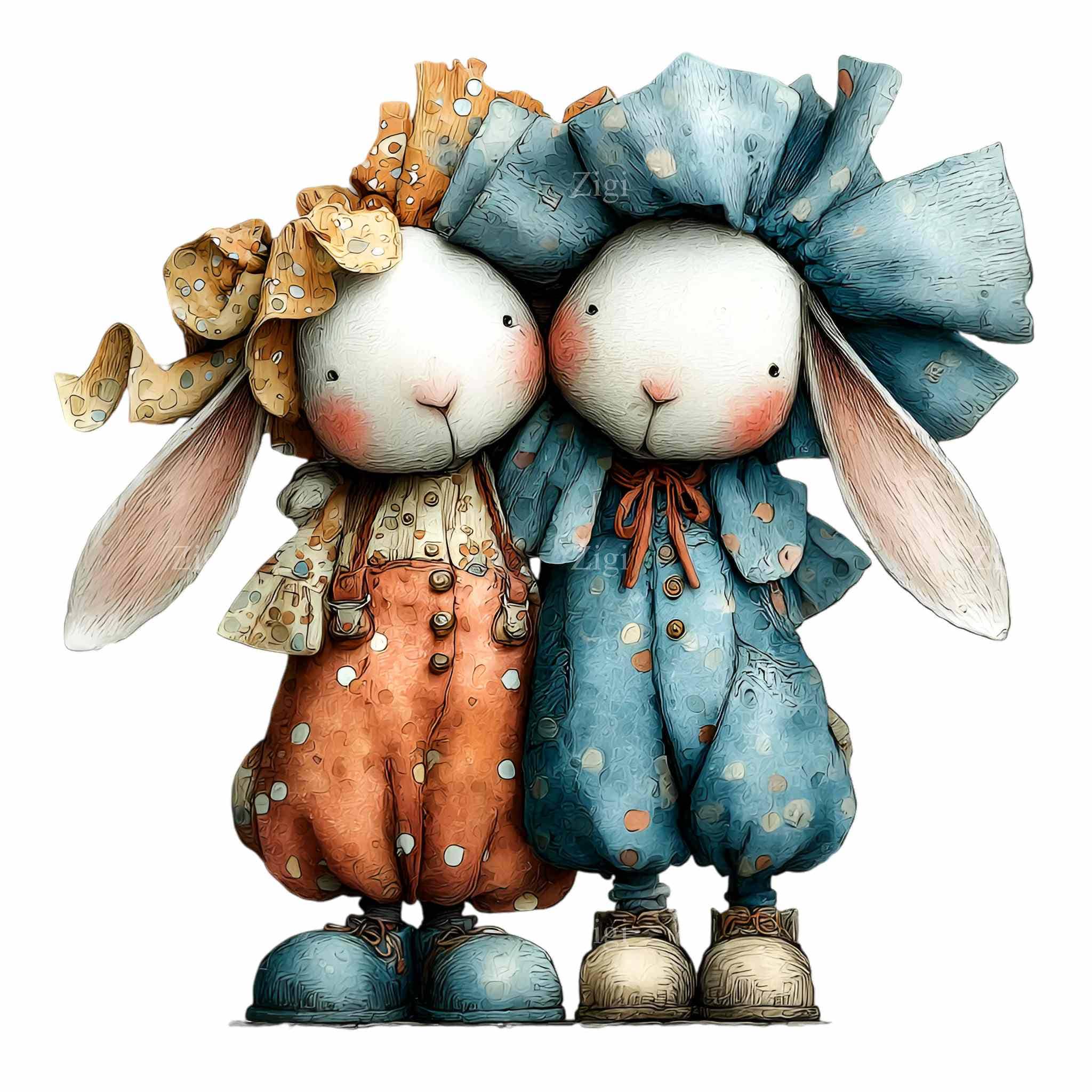 16 PNG Whimsical Bunny Couple Clipart, Floral Rabbit Illustration ...