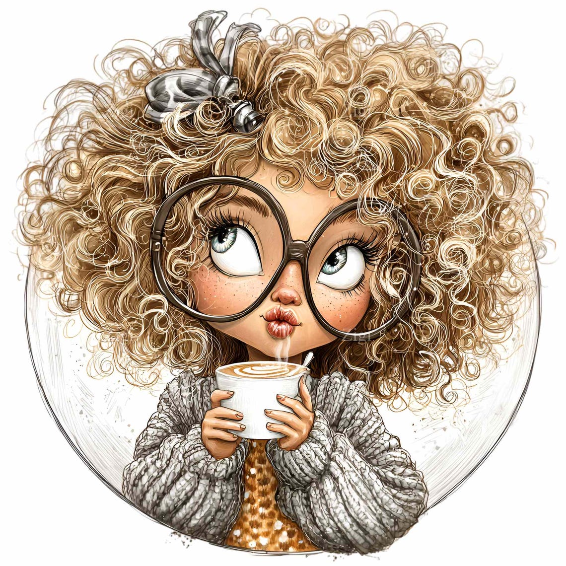 10 PNG Curly Hair Coffee Girl – Funny Latte PNG Clipart for Mug Design ...