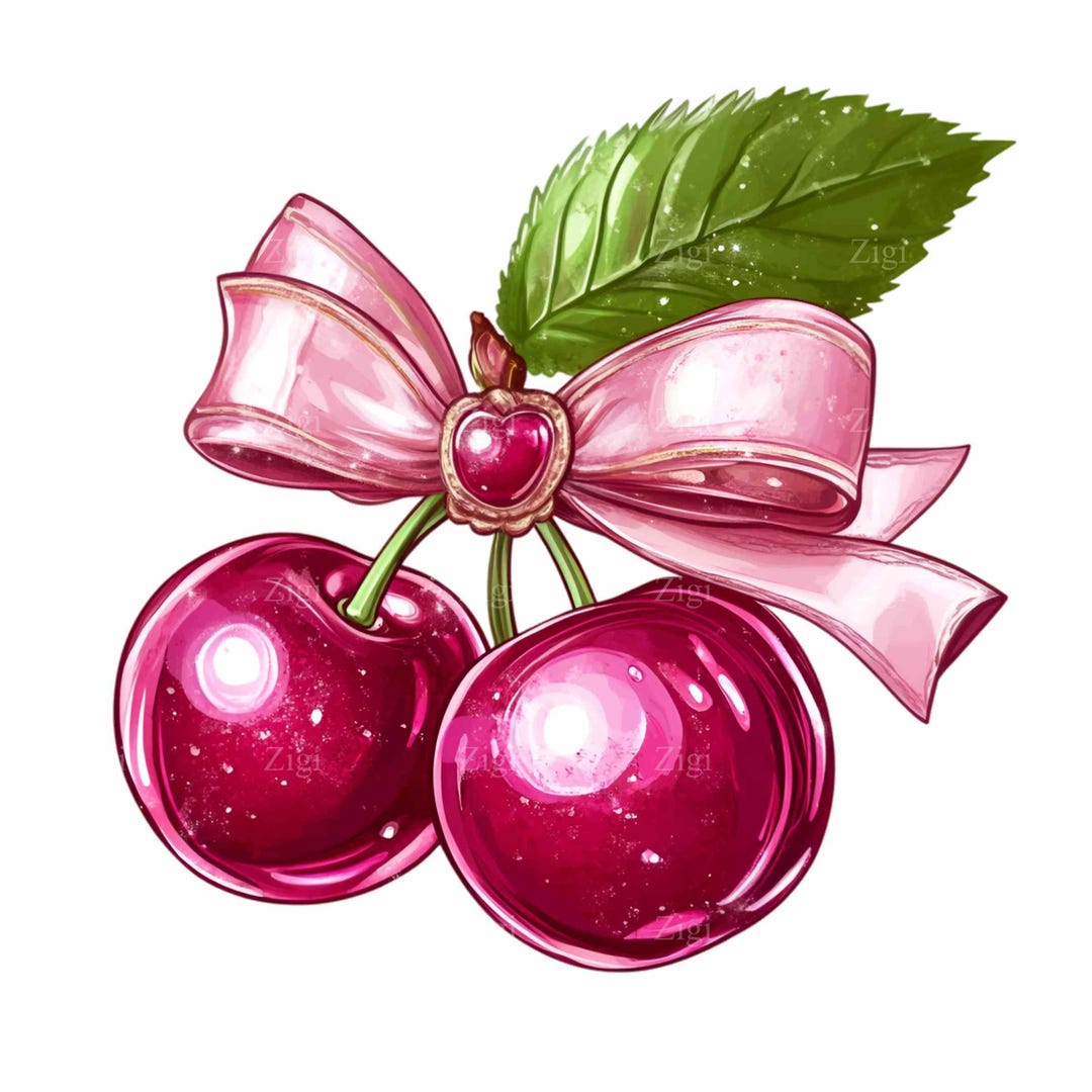 20 Cherry PNG Clipart - Glossy Red Cherries With Pink Bow and Green ...
