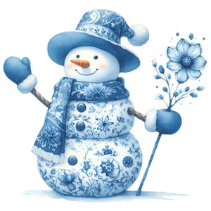 Blue Snowman Clipart PNG, 15 Vintage Floral Snowman Illustration ...