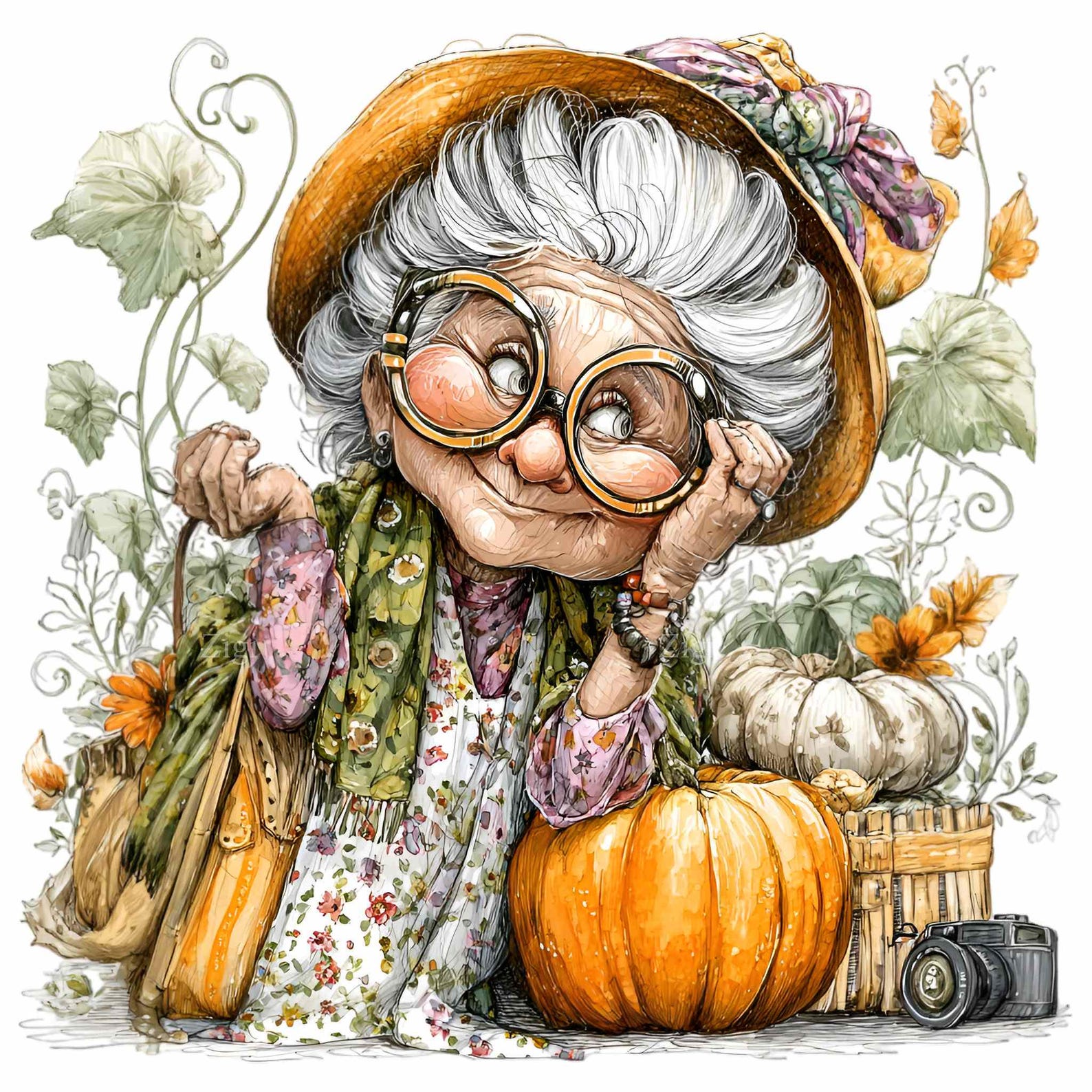 12 PNG Pumpkin Fall Lady Clipart, Autumn Harvest Sublimation Watercolor ...