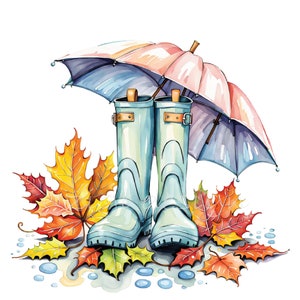 Autumn Rain Boots Clipart, 15 Fall Leaves Umbrella PNG, Watercolor ...