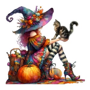 Witch With Cat and Pumpkins Clipart 15 Autumn Fantasy Art PNG Colorful ...