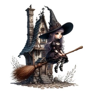Cute Witch Flying Over Haunted House Clipart 14 Whimsical Halloween Illustration PNG Spooky ...