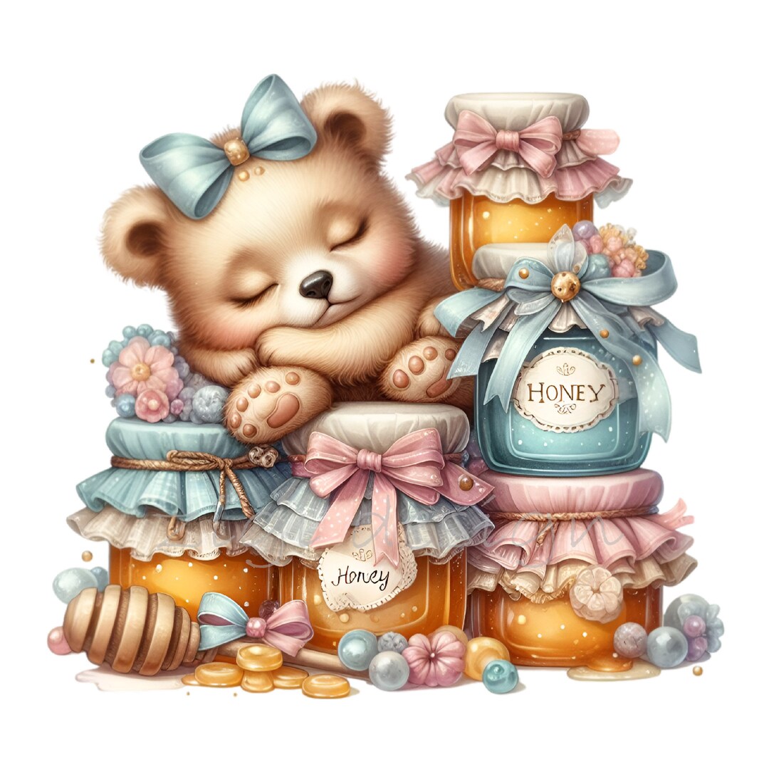 10 Cute Bear Honey PNG, Sleeping Bear With Honey Jars Clipart, Pastel ...