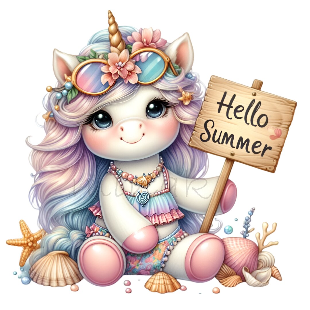 12 Hello Summer Unicorn Clipart PNG – Cute Beach Unicorn With ...