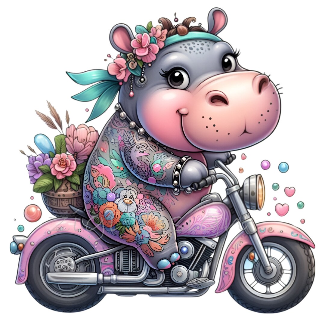 10 Biker Hippo PNG, Tattooed Hippopotamus on Motorcycle Clipart, Cute ...