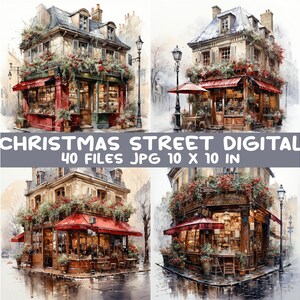 Winter Streets Digital Papers 40 JPG Watercolor Christmas Shops Paris ...