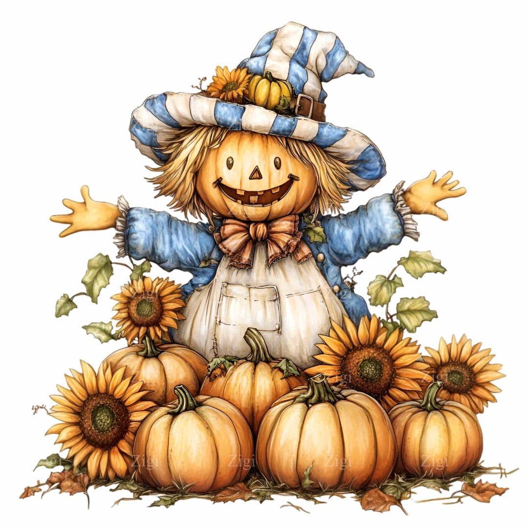 12 Pumpkin Scarecrow PNG Clipart, Watercolor Autumn Doll With ...
