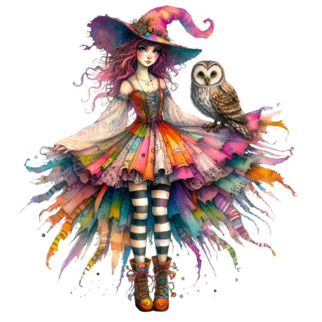 12 PNG Rainbow Witch Clipart – Colorful Fantasy Girl With Owl Digital ...