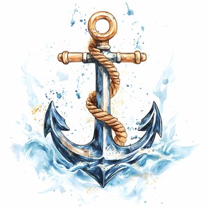 44 JPEG Watercolor Nautical Anchor Clipart - Ocean Splash Rope Anchor ...
