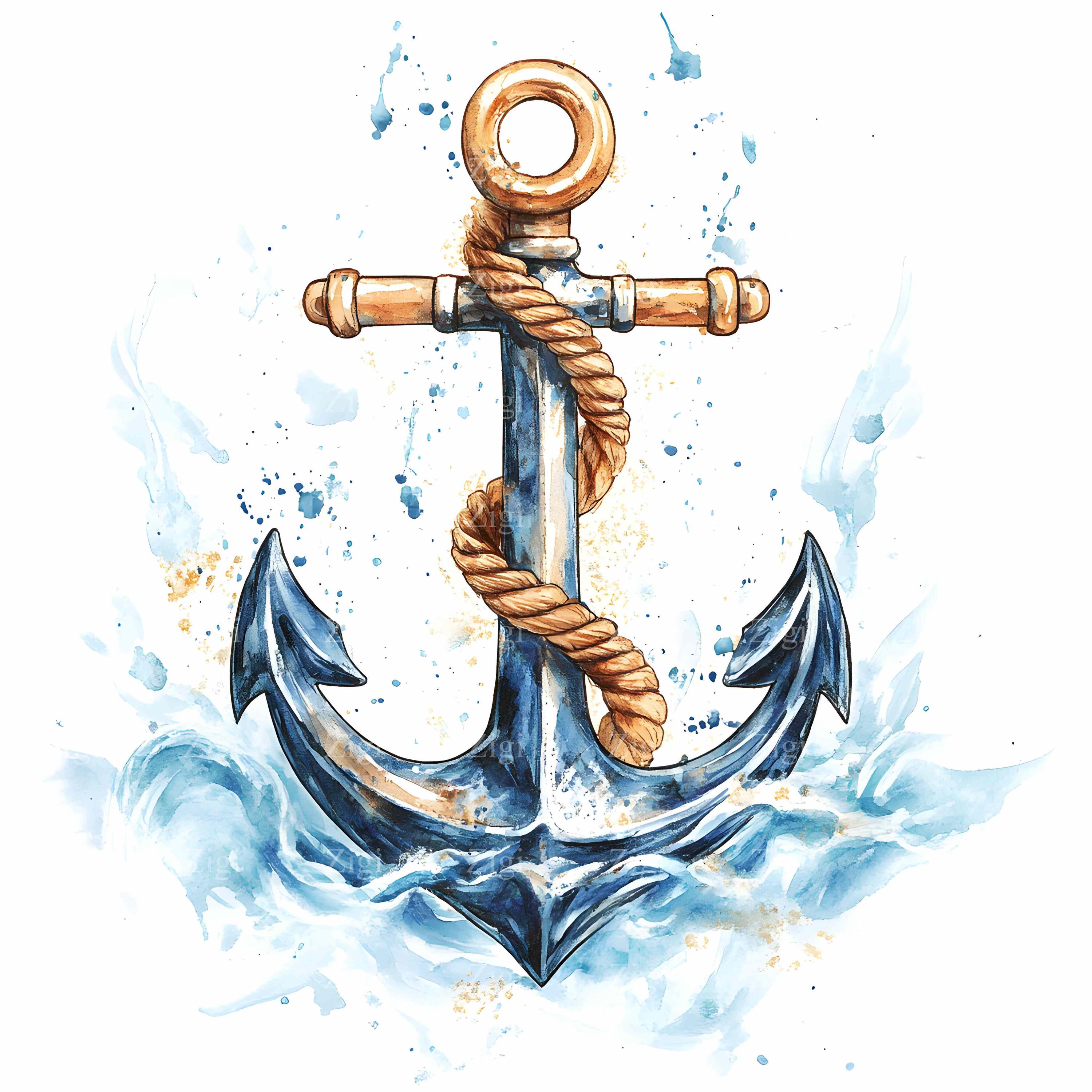 44 JPEG Watercolor Nautical Anchor Clipart - Ocean Splash Rope Anchor ...