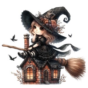 Cute Witch Flying Over Haunted House Clipart 14 Whimsical Halloween Illustration PNG Spooky ...