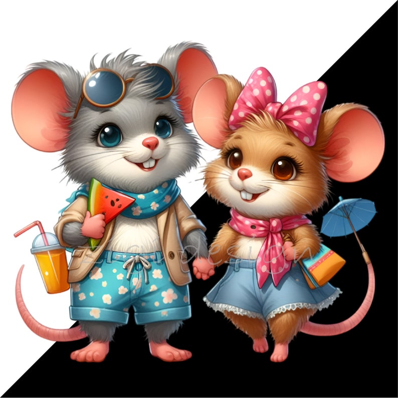10 PNG Summer Mouse Couple Clipart – Beach Vacation Mice Illustration ...