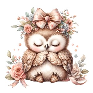 Cute Owl Clipart, 12 Pastel Floral Owl With Bow PNG, Whimsical Nursery ...