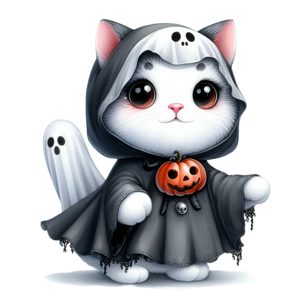 Halloween Ghost Kitten Clipart Cute Kitten in Ghostly Cloak With ...