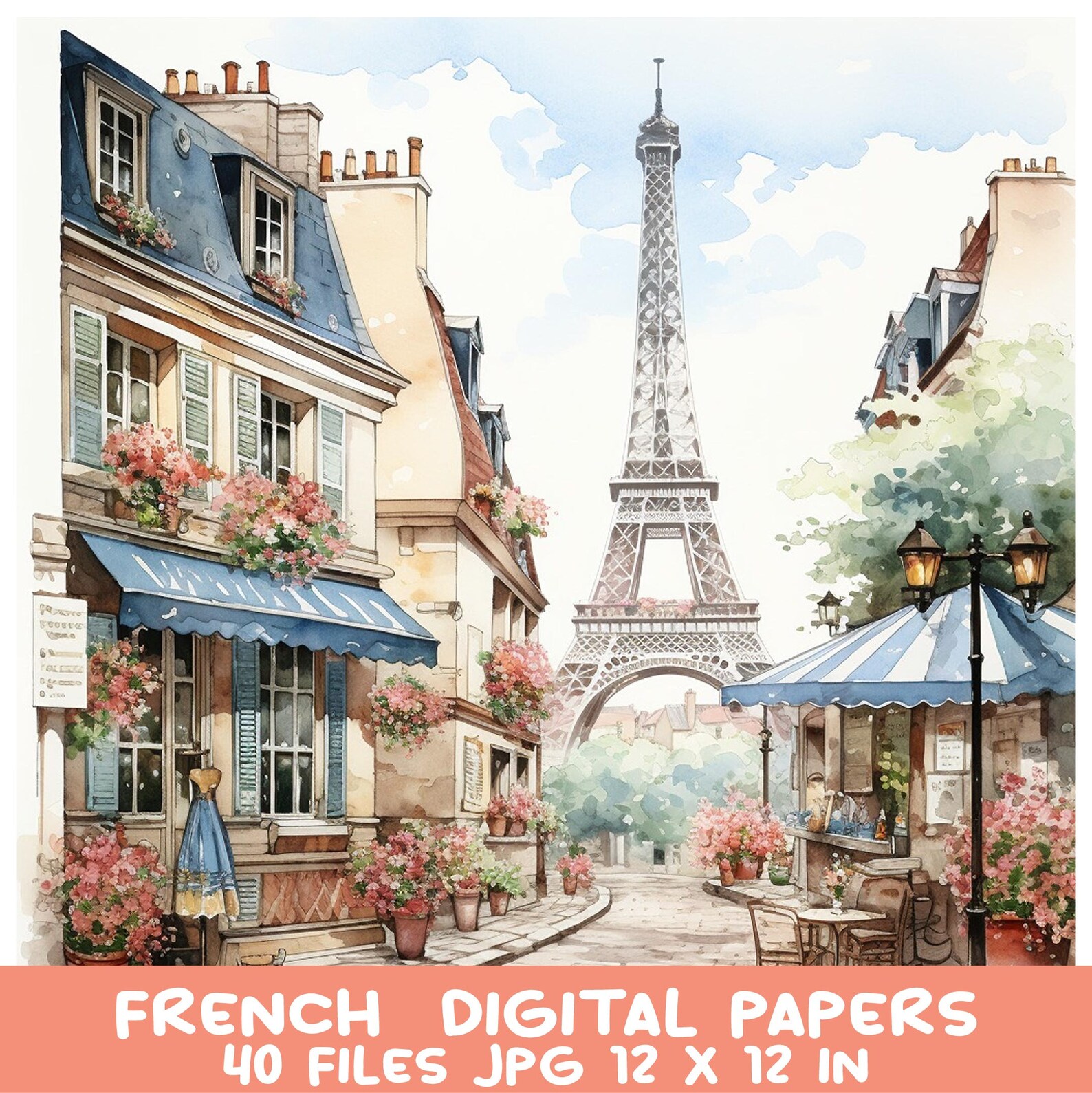 Paris Digital Papers 40 JPG Watercolor, Eiffel Tower Clipart, Parisian ...