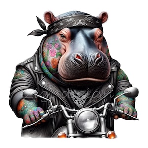 Biker Hippo Clipart PNG, Cool Hippo on Motorcycle With Tattoos and ...