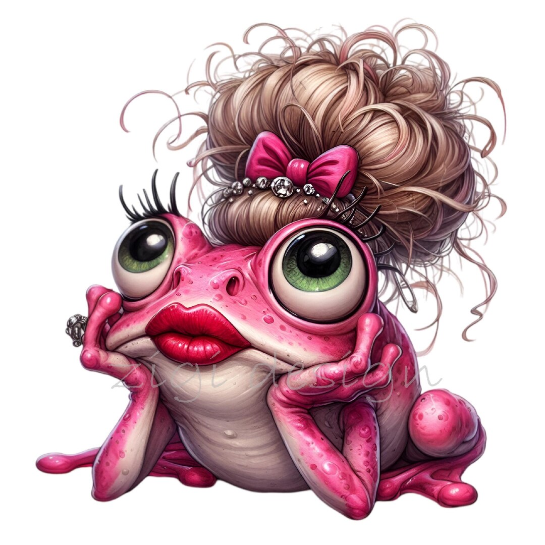 Quirky Pink Frog Clipart PNG, 14 Humorous Cartoon Frog With Hairdo ...