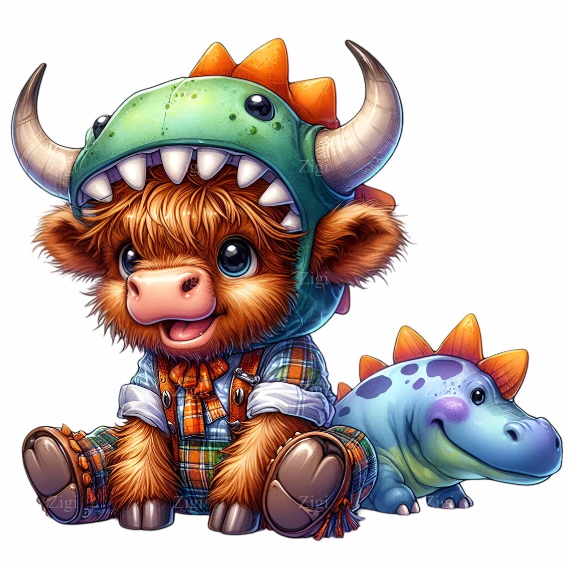 12 Highland Cow in Dino Costume PNG - Cute Fluffy Cow Digital Clipart ...