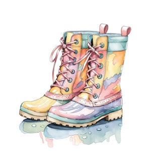 Watercolor Rain Boots Clipart 15 Colorful Garden Boots With Puddle PNG ...
