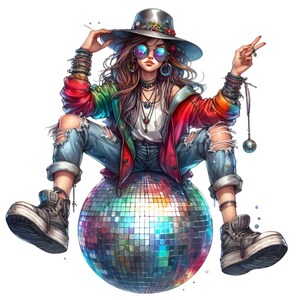 12 Disco Witch PNG – Trendy Halloween Witch Clipart on Mirror Ball With ...