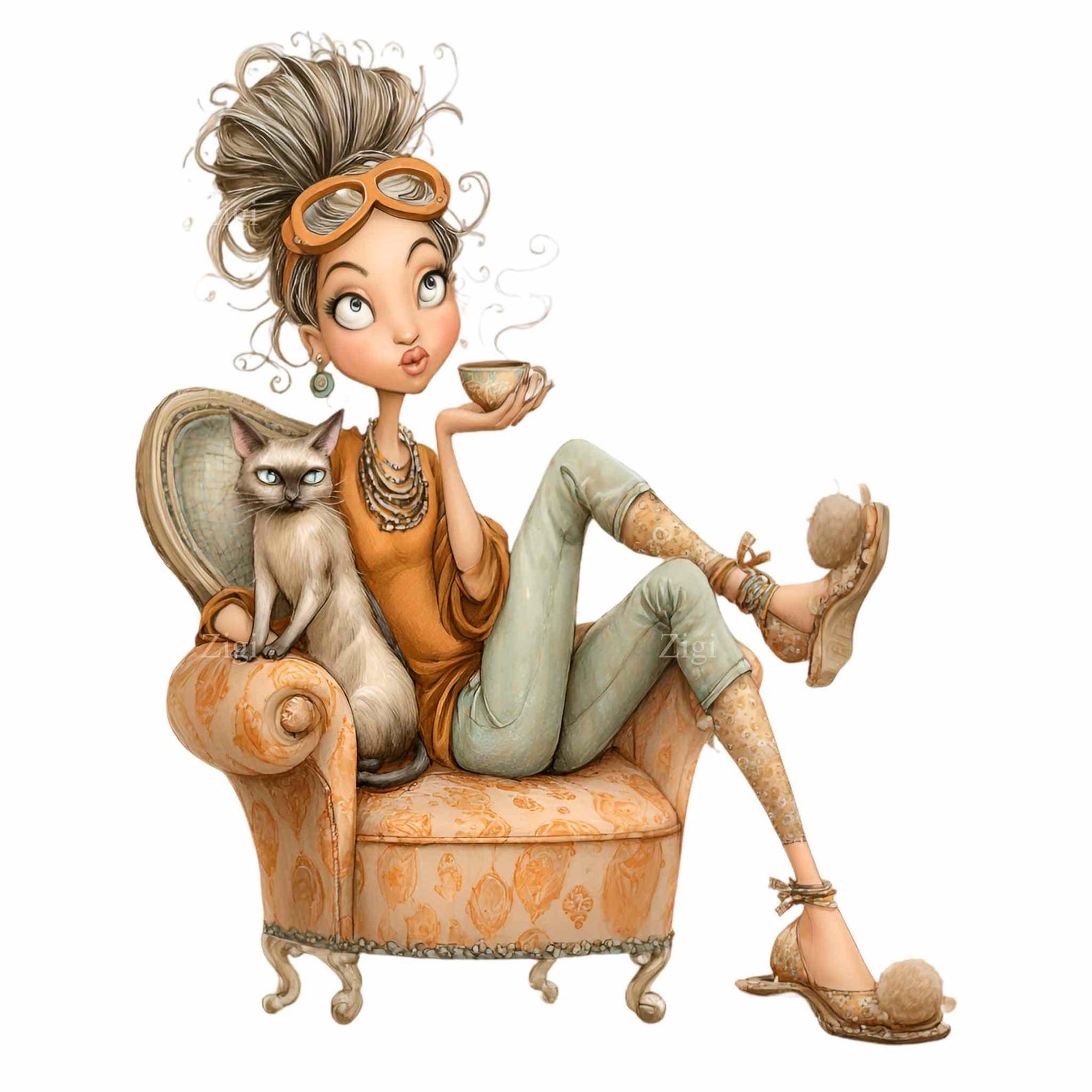 15 PNG Whimsical Lady Clipart - Funny Woman With Cat PNG - Digital ...