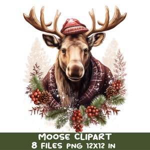 Christmas Moose Clipart Bundle, Watercolor 8 PNG Holiday Winter ...