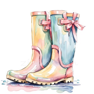 Watercolor Rain Boots Clipart 15 Colorful Garden Boots With Puddle PNG ...