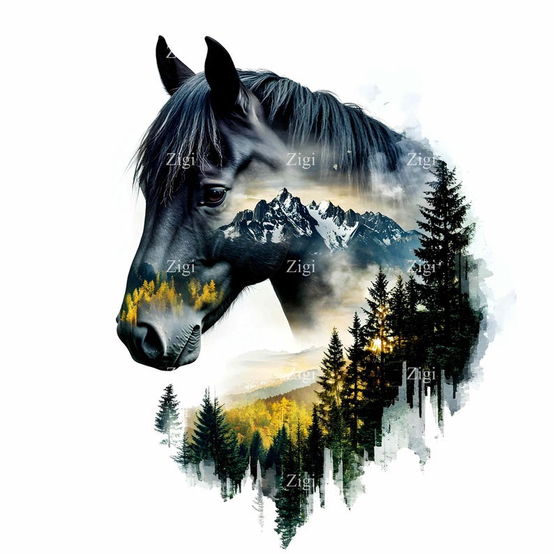 16 JPG Mountain Landscape Clipart – Horse Double Exposure Art – Nature ...