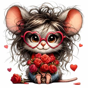 Mouse With Roses PNG Clipart 12 Cute Mouse in Heart Glasses Holding Red ...