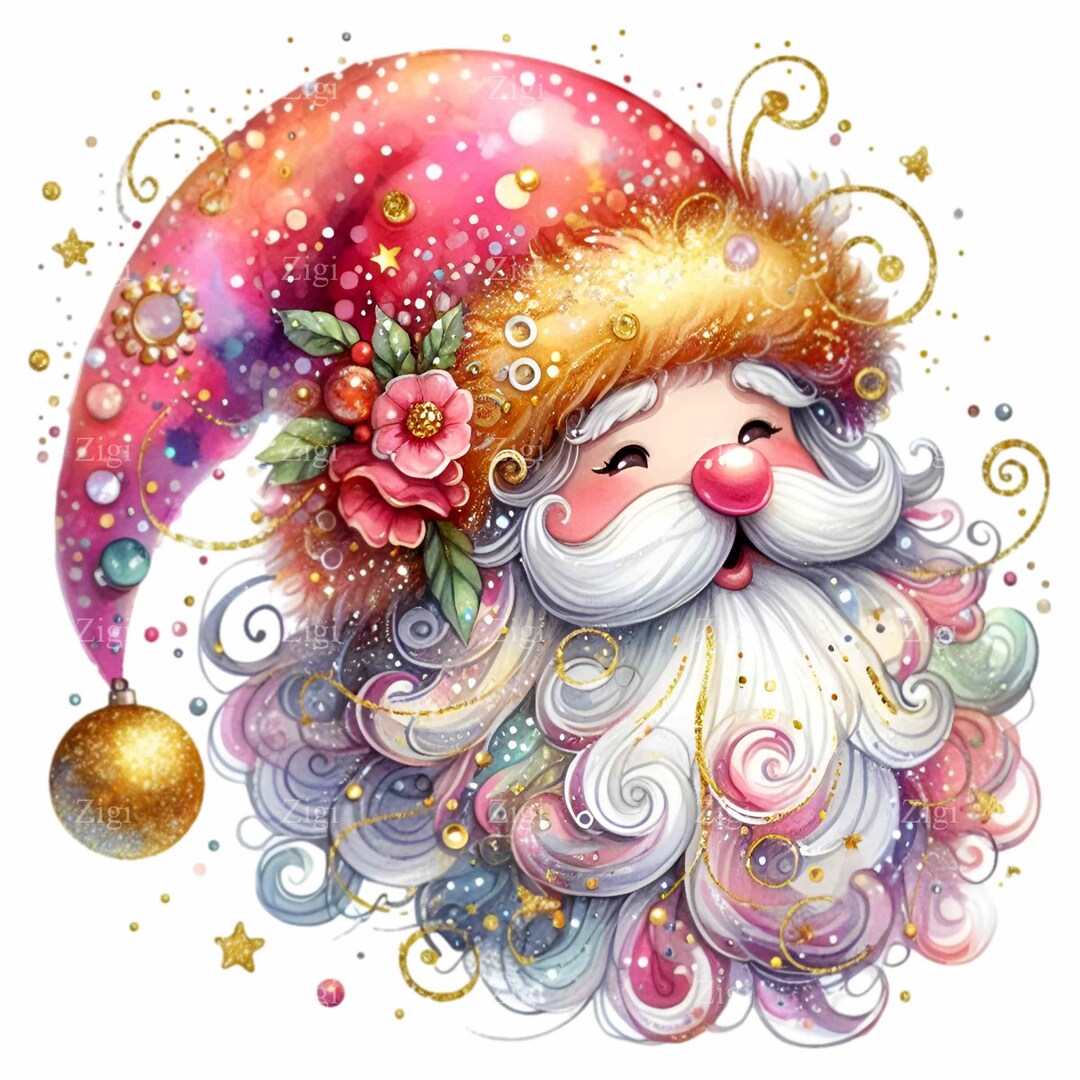 15 Golden Glitter Santa PNG Clipart, Whimsical Festive Santa With ...