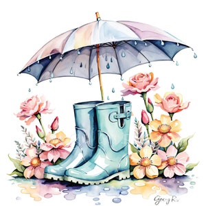 Rain Boots Clipart Bundle, 20 PNG Watercolor Umbrella Rubber Boots ...