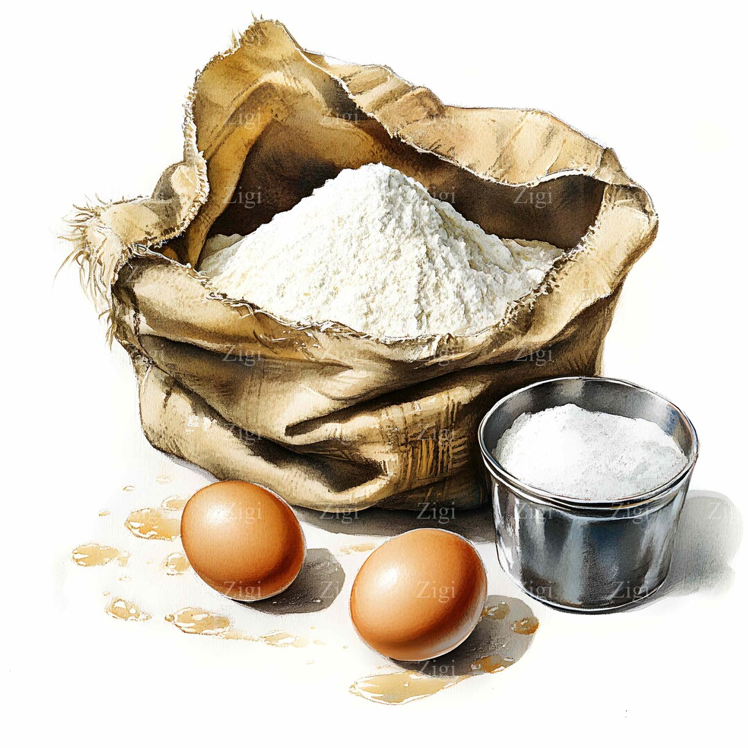 30 JPG Watercolor Baking Ingredients Clipart – Flour Sack Illustration ...